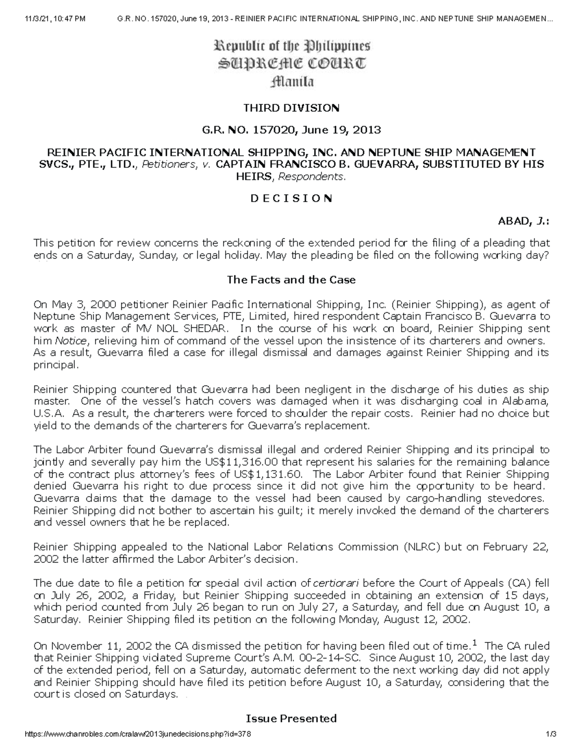 Case 1 - case reading - 11/3/21, 10:47 PM G. NO. 157020, June 19, 2013 ...