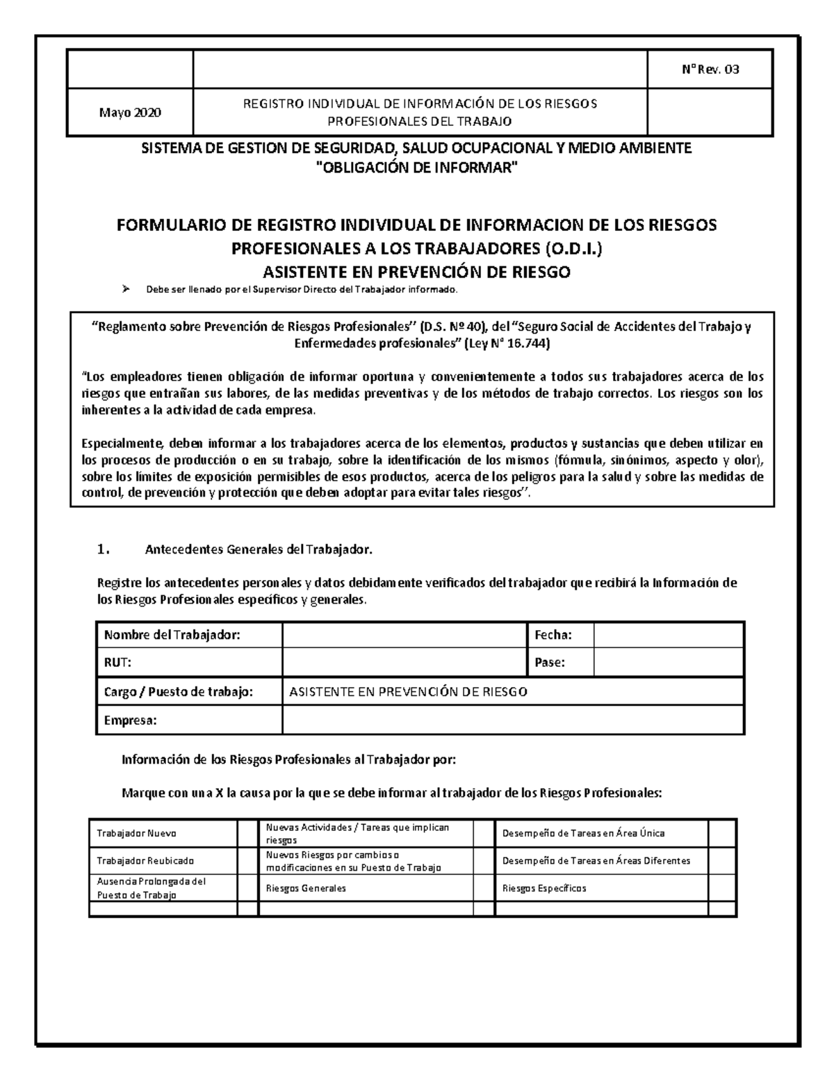 O.D.I. Asistente EN Prevención DE Riesgo v3 - Mayo 2020 REGISTRO ...