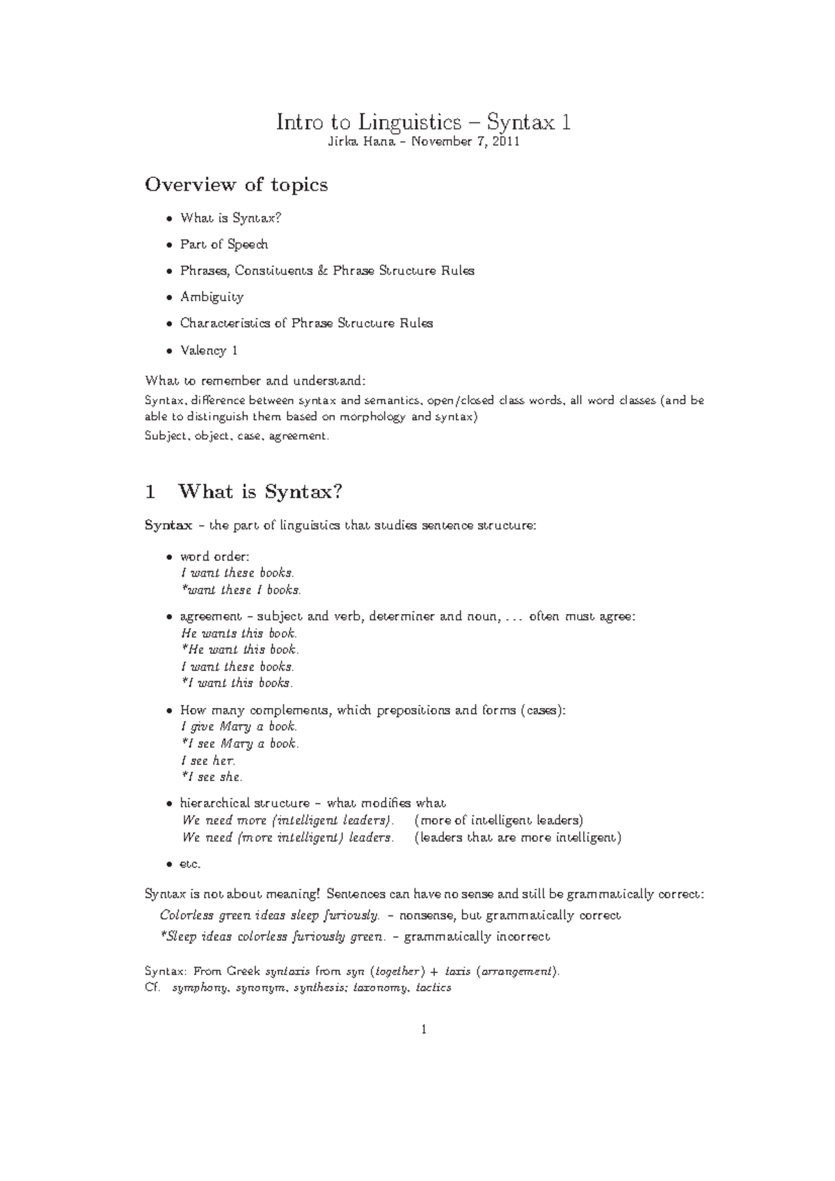 06-Syntax - Summaries - Intro to Linguistics – Syntax 1 Jirka Hana – November 7, 2011 Overview ...