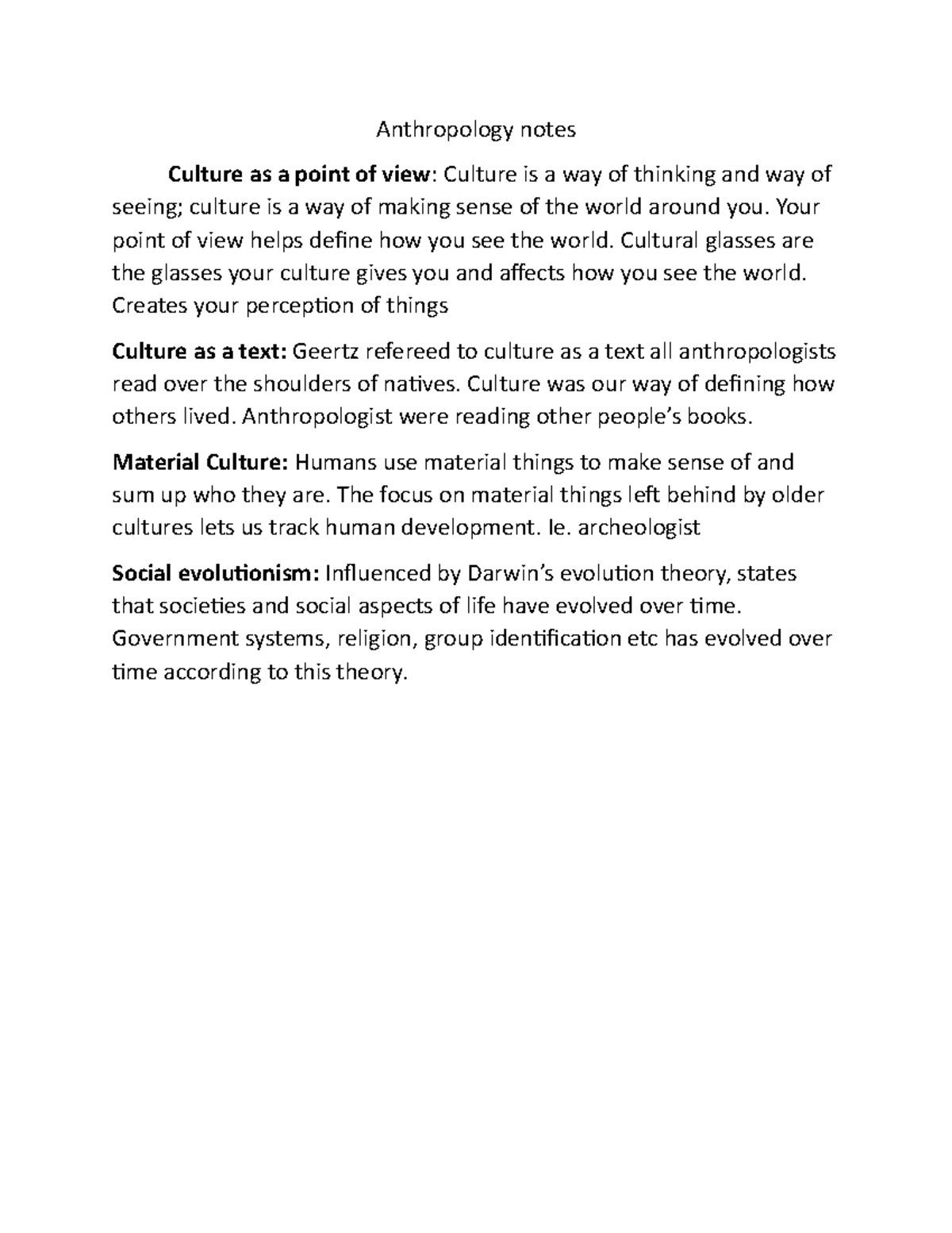 Anthropology notes - Anthropology notes Culture as a point of view ...