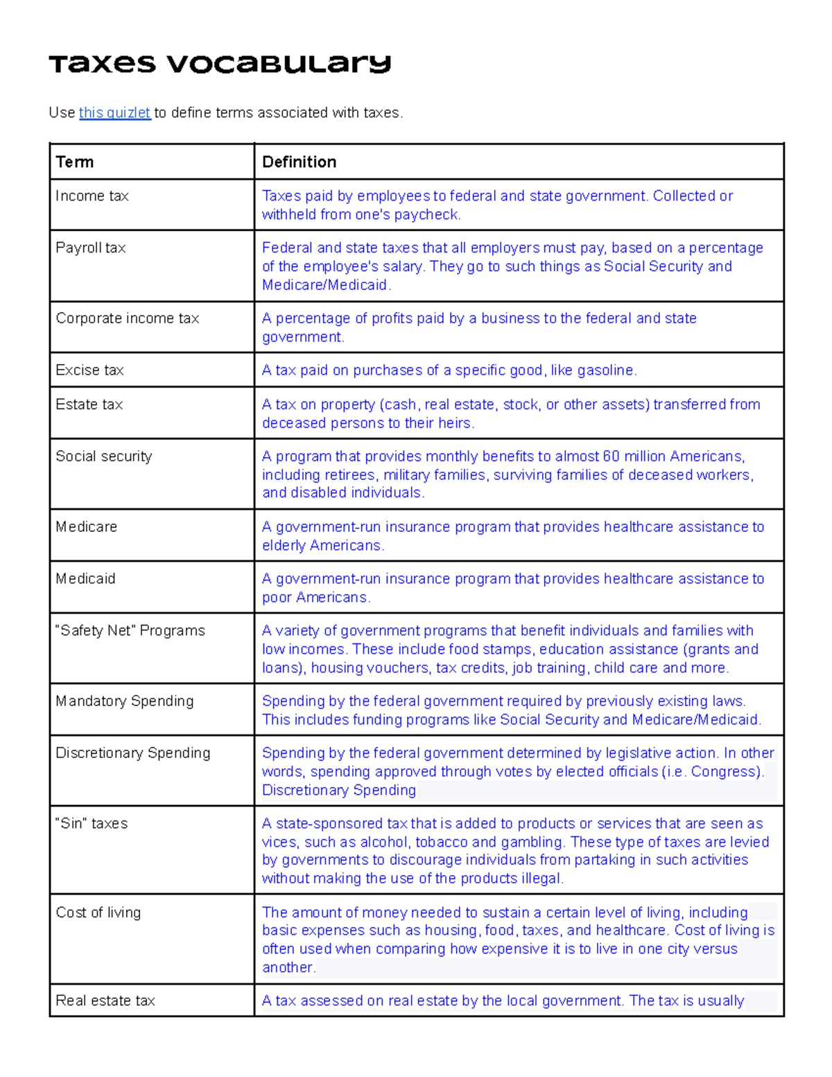 Taxes Vocabulary - notes - FIN 302 - CSUSM - Studocu