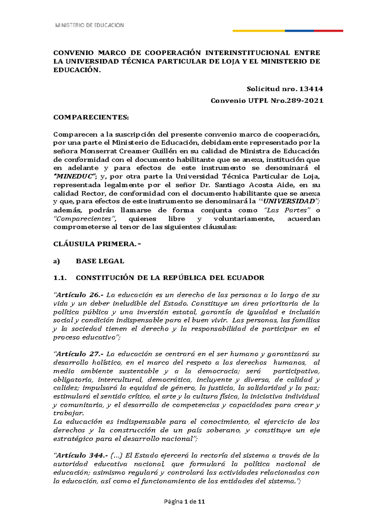 Convenio UTPL - CONVENIO MARCO DE COOPERACI”N INTERINSTITUCIONAL ENTRE LA UNIVERSIDAD T ...