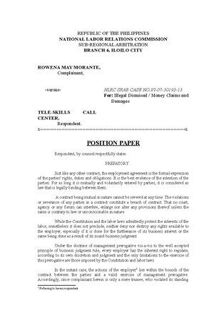 Position Paper Sample - Position Paper of Rommel F. Dela Cruz REPUBLIC ...