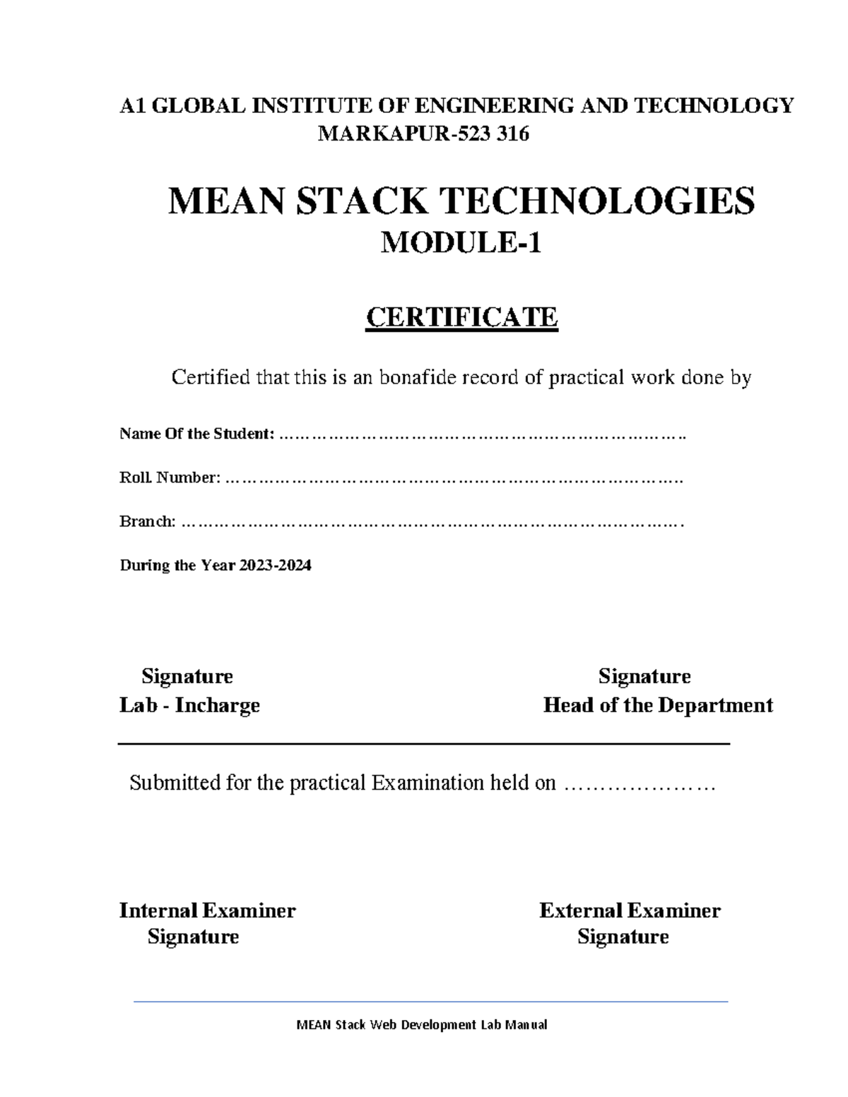MEAN Stack Web Development Lab Manual - A1 GLOBAL INSTITUTE OF ENGINEERING AND TECHNOLOGY - Studocu