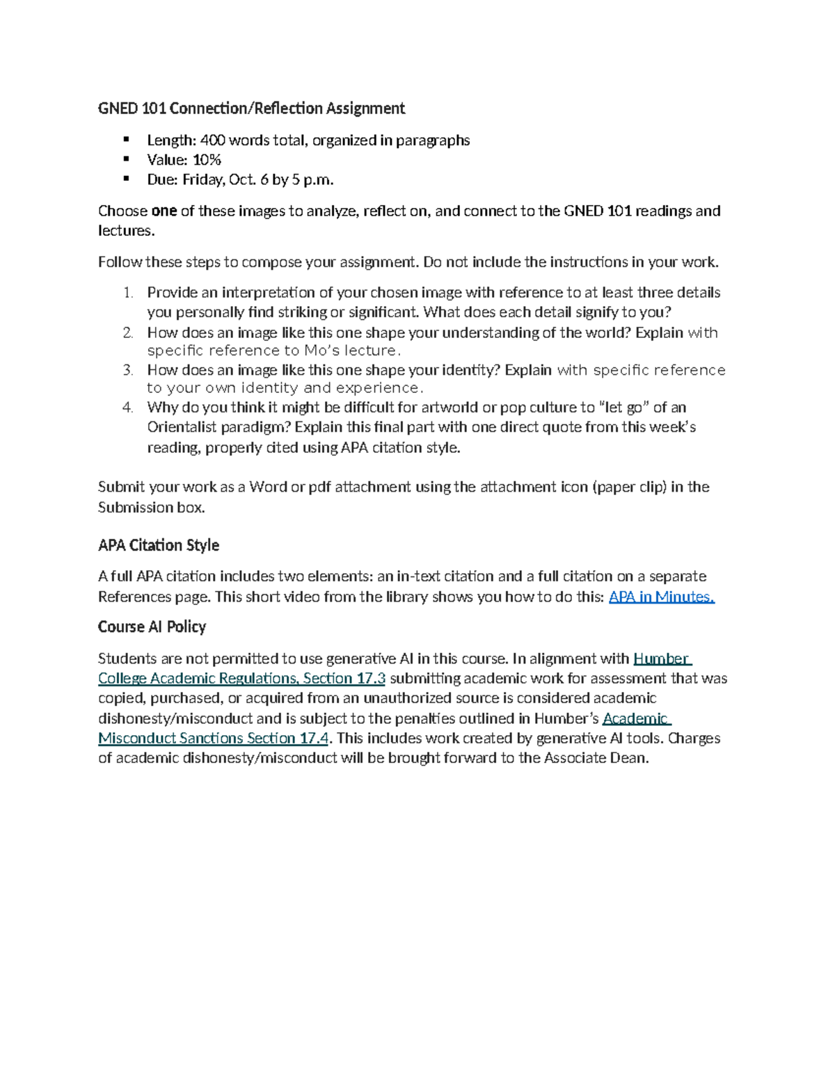Reflection Connection Instructions - GNED 101 Connection/Reflection Assignment Length: 400 words ...