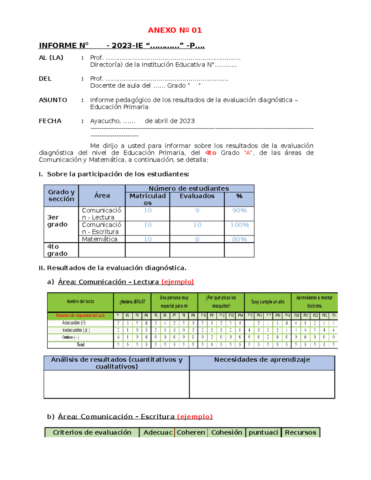 1 Informe Del Docente Evaluación Diagnóstica 2023 Anexo Nº 01 Informe 6212