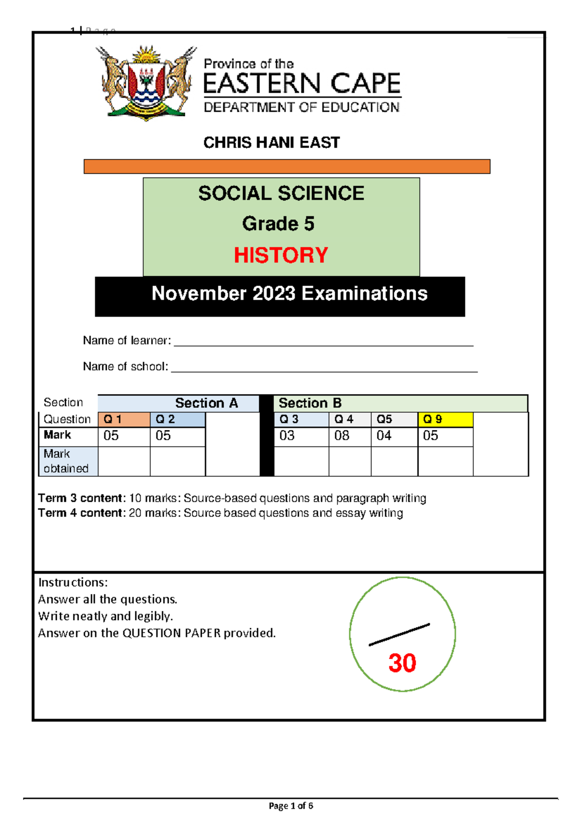 History Grade 5 Term 4 Exams 2023 - Section Section A Section B ...