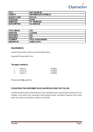 Diplomas-Information Systems 1B Exam Memo Fr - Information System 1B ...