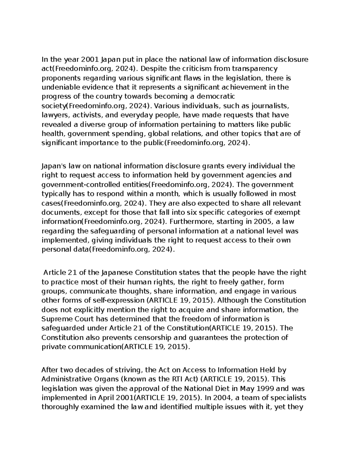 Freedom of information group assignment - In the year 2001 Japan put in ...
