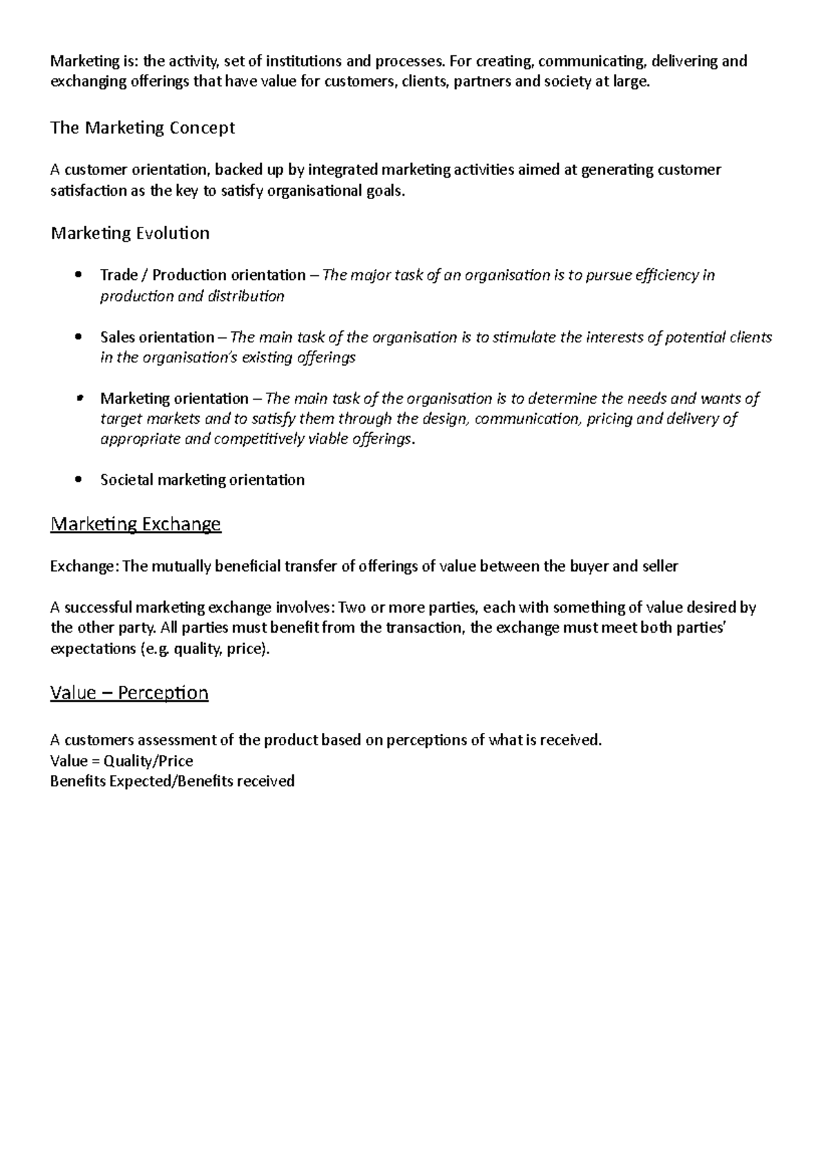 Marketing 101 - Lecture notes 1-10 - Marketing is: the activity, set of ...