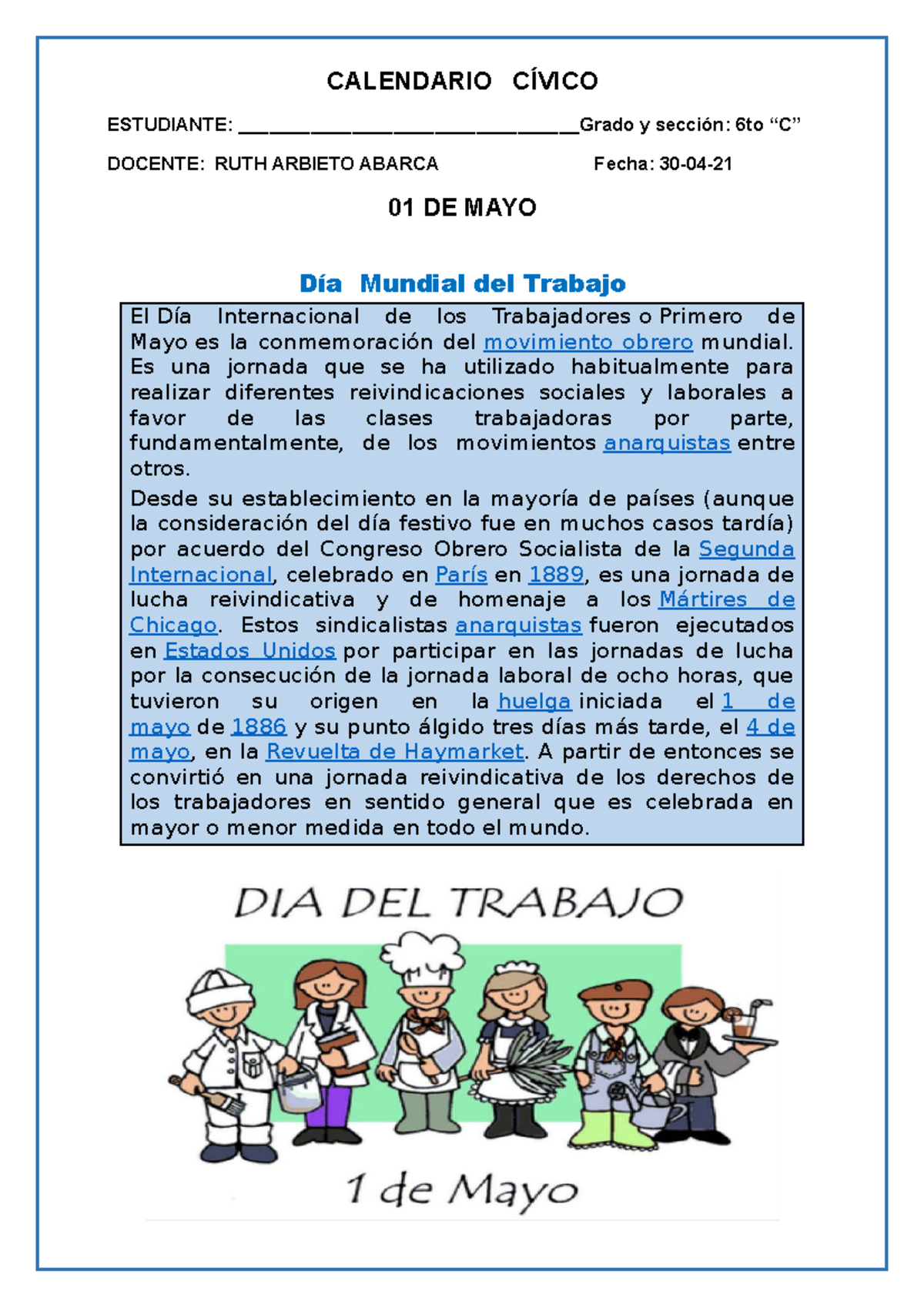 Calendario Cívico 1 de mayo - CALENDARIO CÍVICO ESTUDIANTE