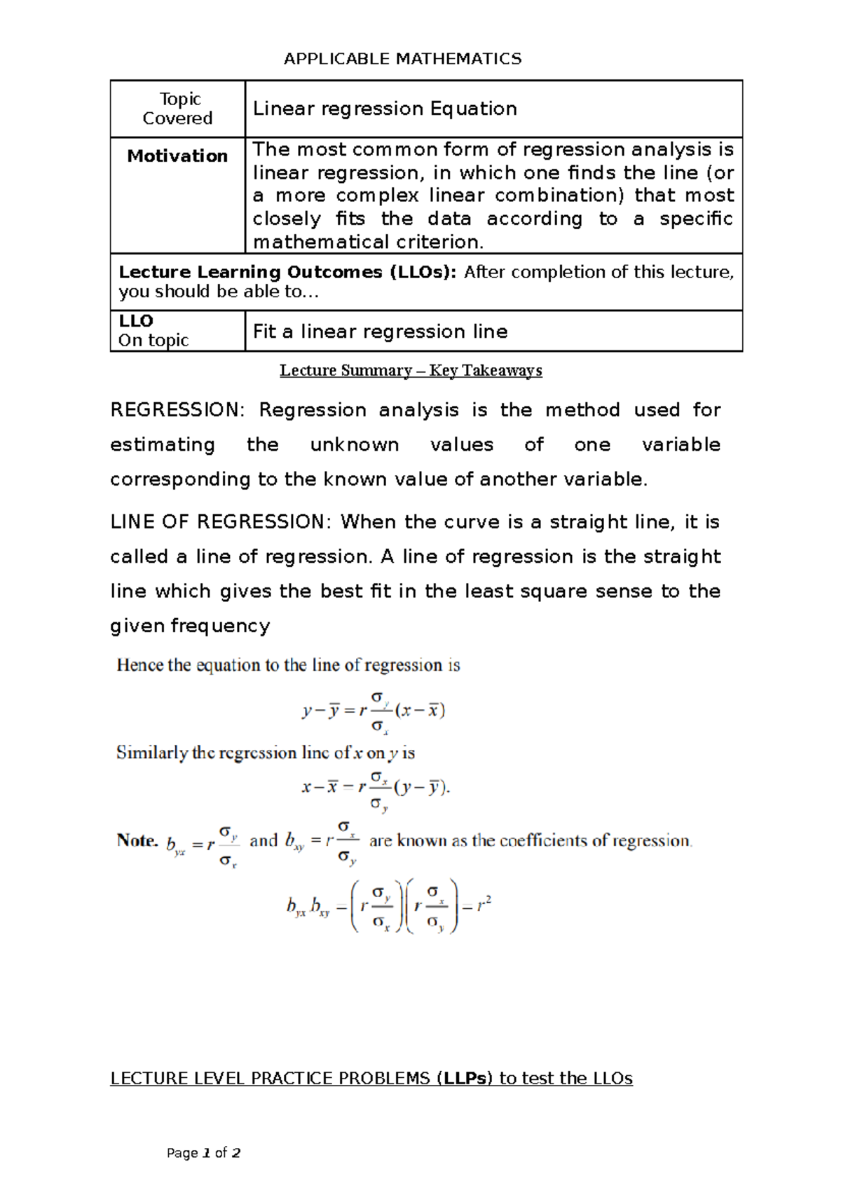 Linear Regression Equation Applicable Mathematics Topic Covered Linear Regression Equation
