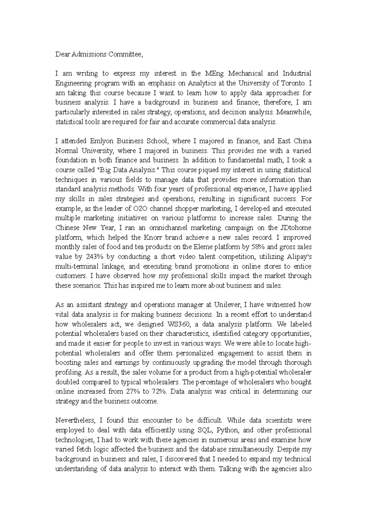 PS-Yi Yang-Toronto V3 - Personal statement - Dear Admissions Committee ...