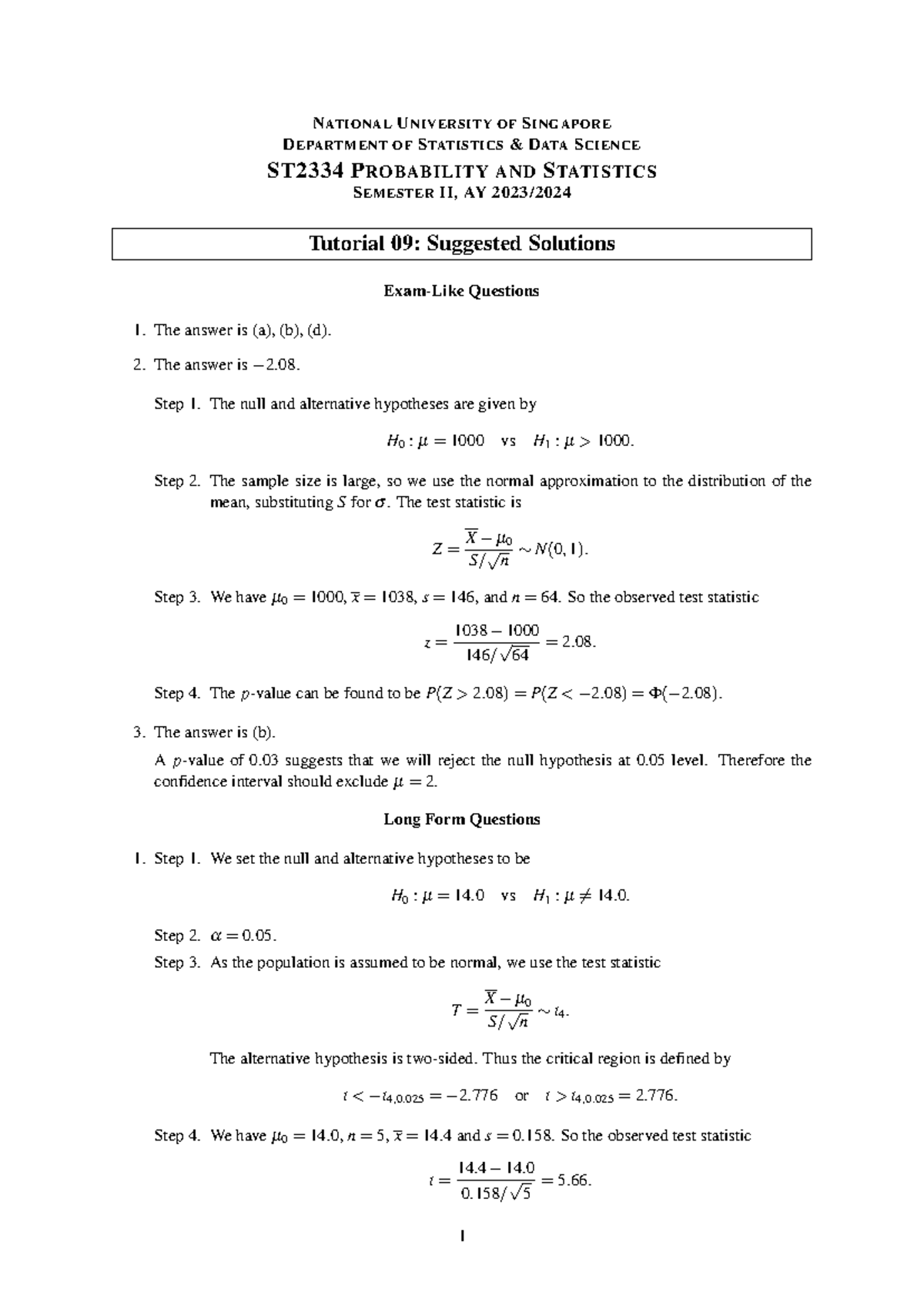 Tut09-sol - Solution to tutorial questions - NATIONAL UNIVERSITY OF SINGAPORE DEPARTMENT OF ...