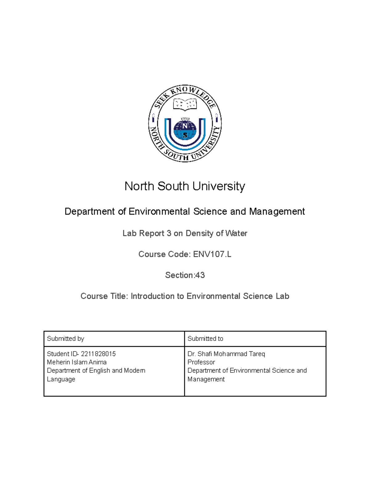ENV107 Lab Report 3 - North South University Department of ...