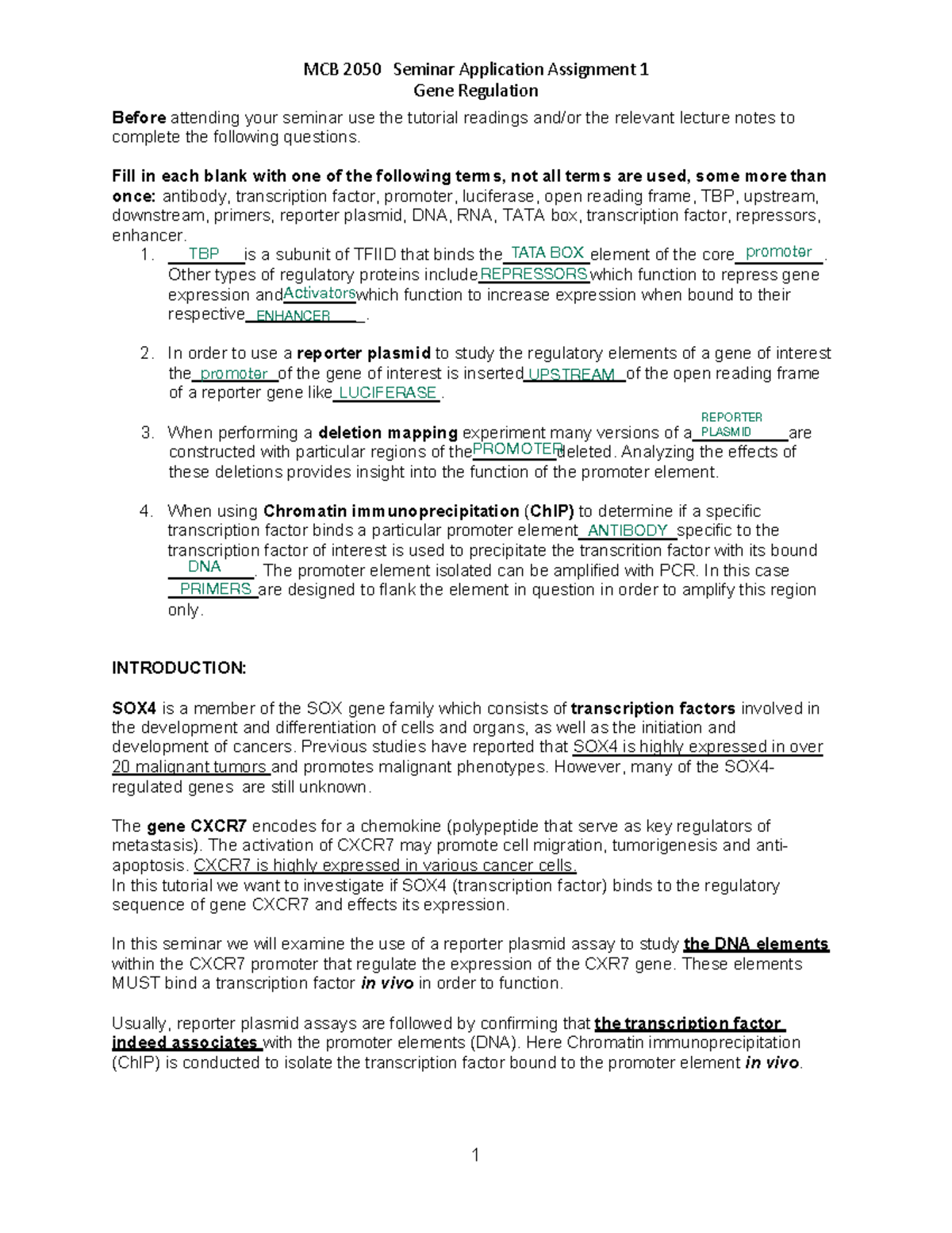 Gene regulation Seminar 1 PDF - MCB 2050 Seminar Application Assignment ...
