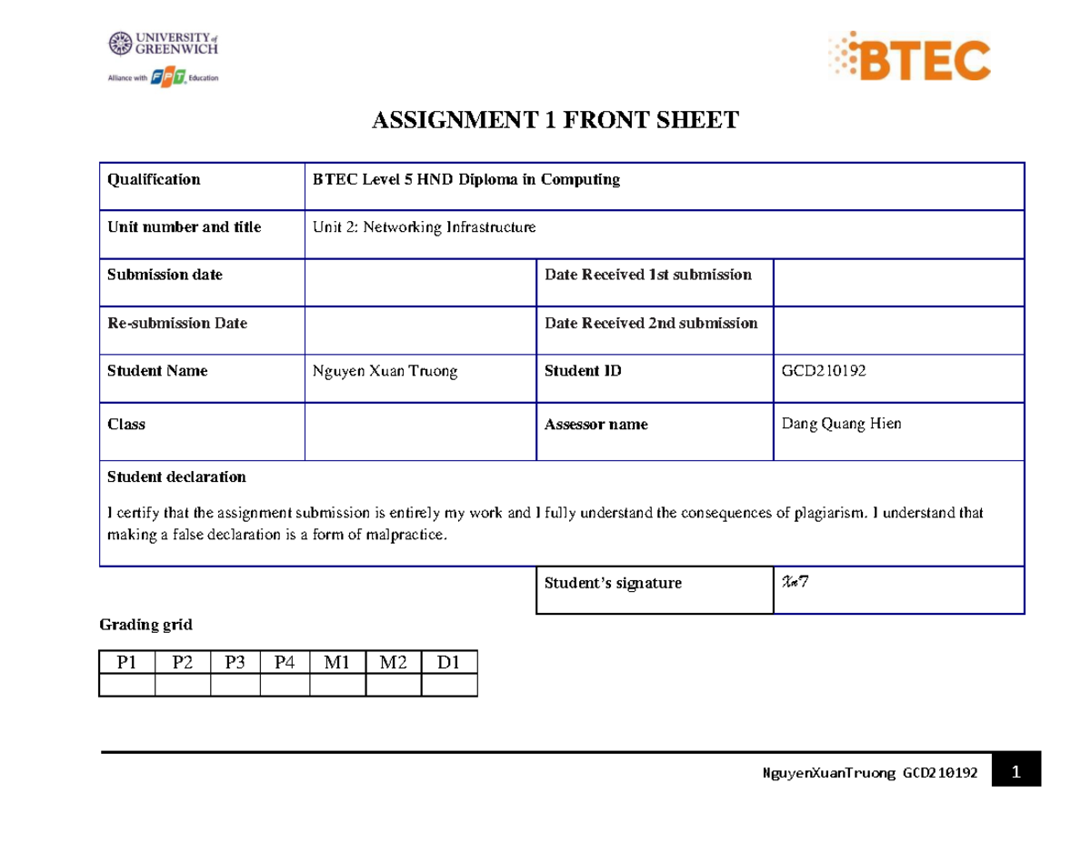 1618 Networking Asm1 Nguyen Xuan Truong Gcd210192 Assignment 1 Front Sheet Qualification Btec