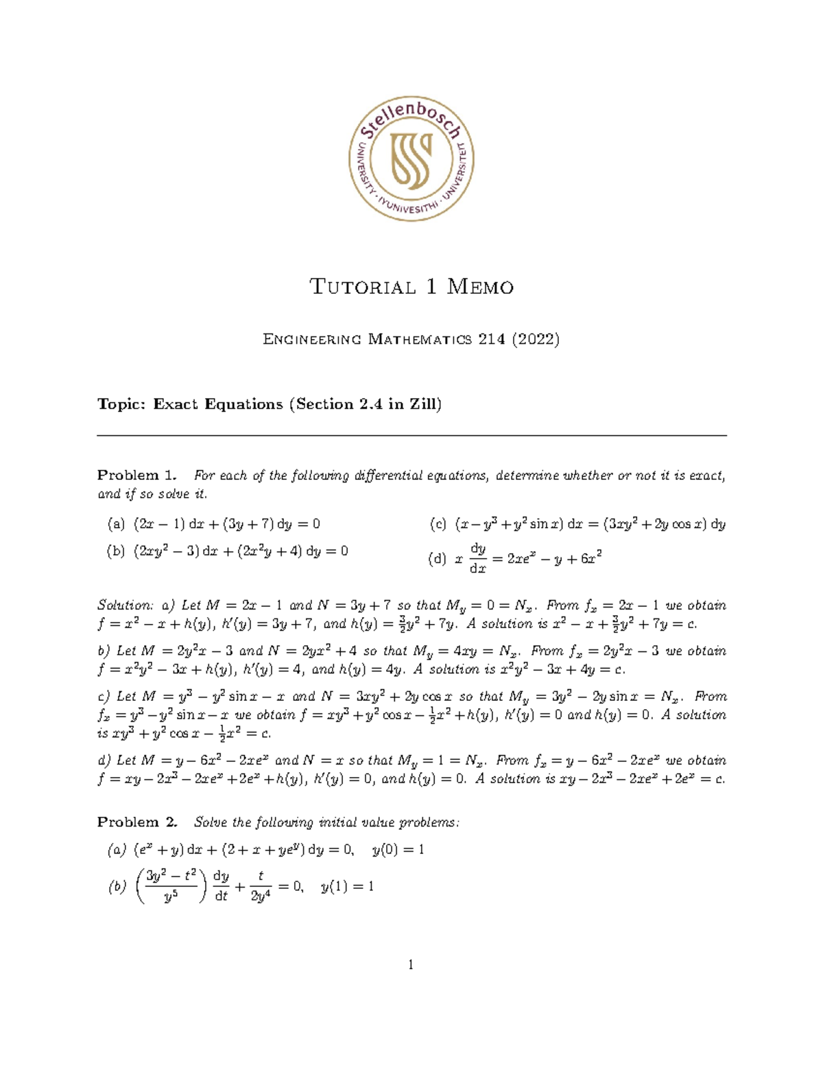 Memo 1 Tutorial Memo For Engineering Maths 214 Differential Equations Tutorial 1 Memo