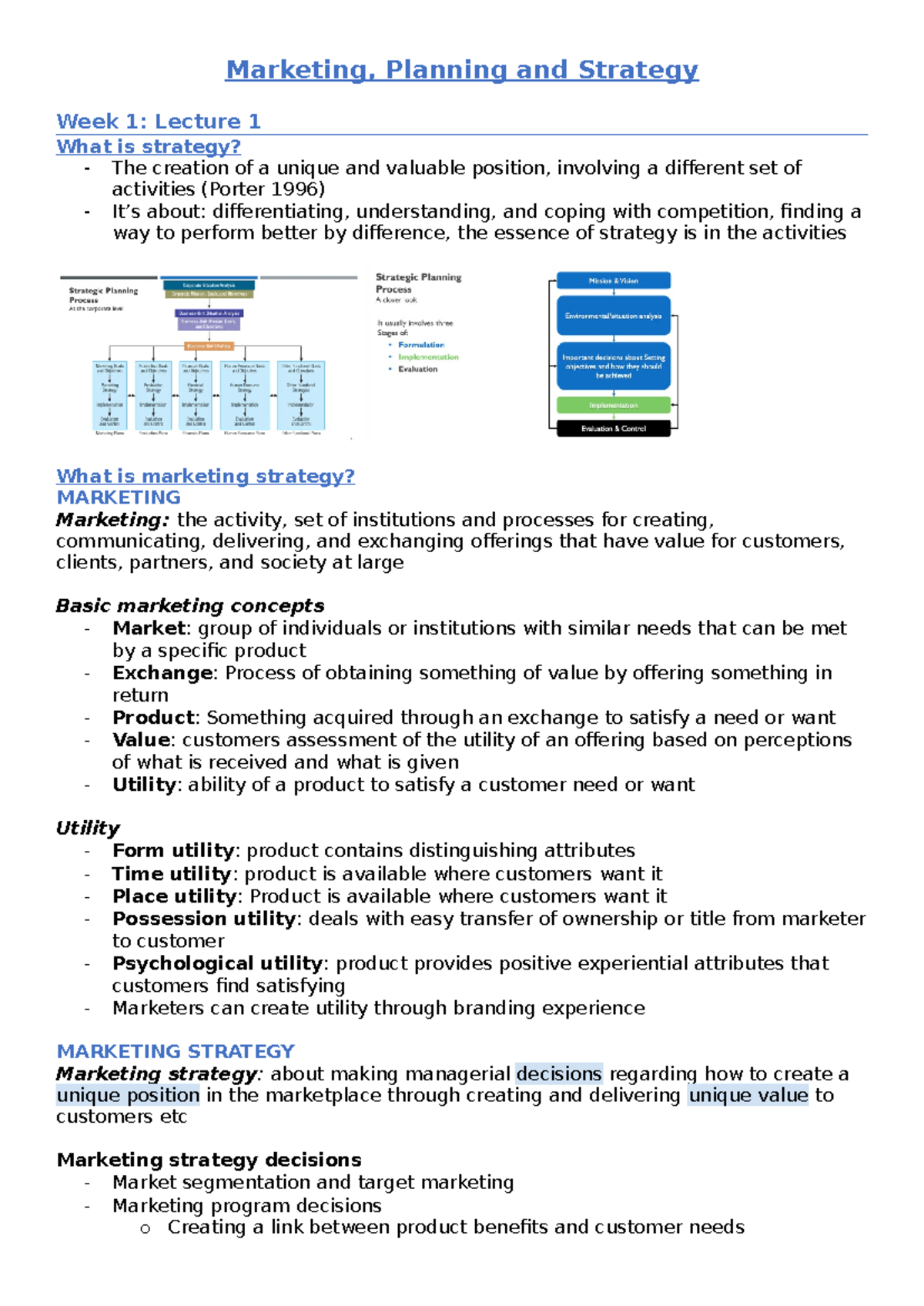 MPS notes - Marketing, Planning and Strategy Week 1: Lecture 1 What is ...