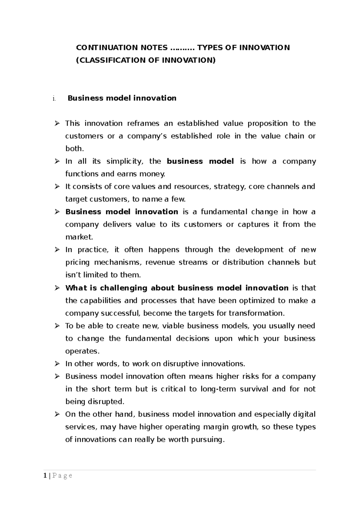 Classification OF Innovation - CONTINUATION NOTES .......... TYPES OF ...