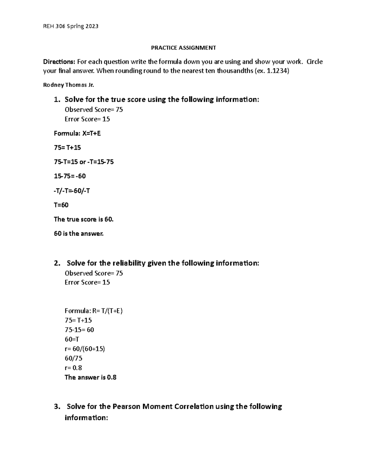 Practice Assignment 1 Chapters 3 and 4-1 REH 306 - PRACTICE ASSIGNMENT ...