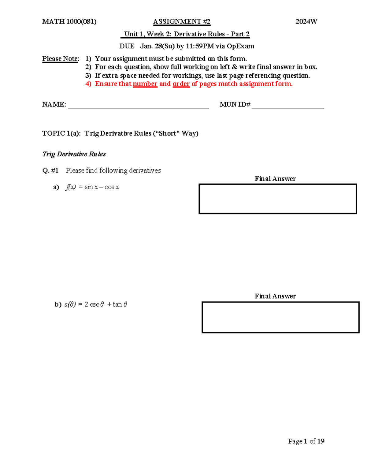 A2 Written 1 - MATH 1000 ASSIGNMENT - MATH 1000(0 81 ) ASSIGNMENT #2 ...