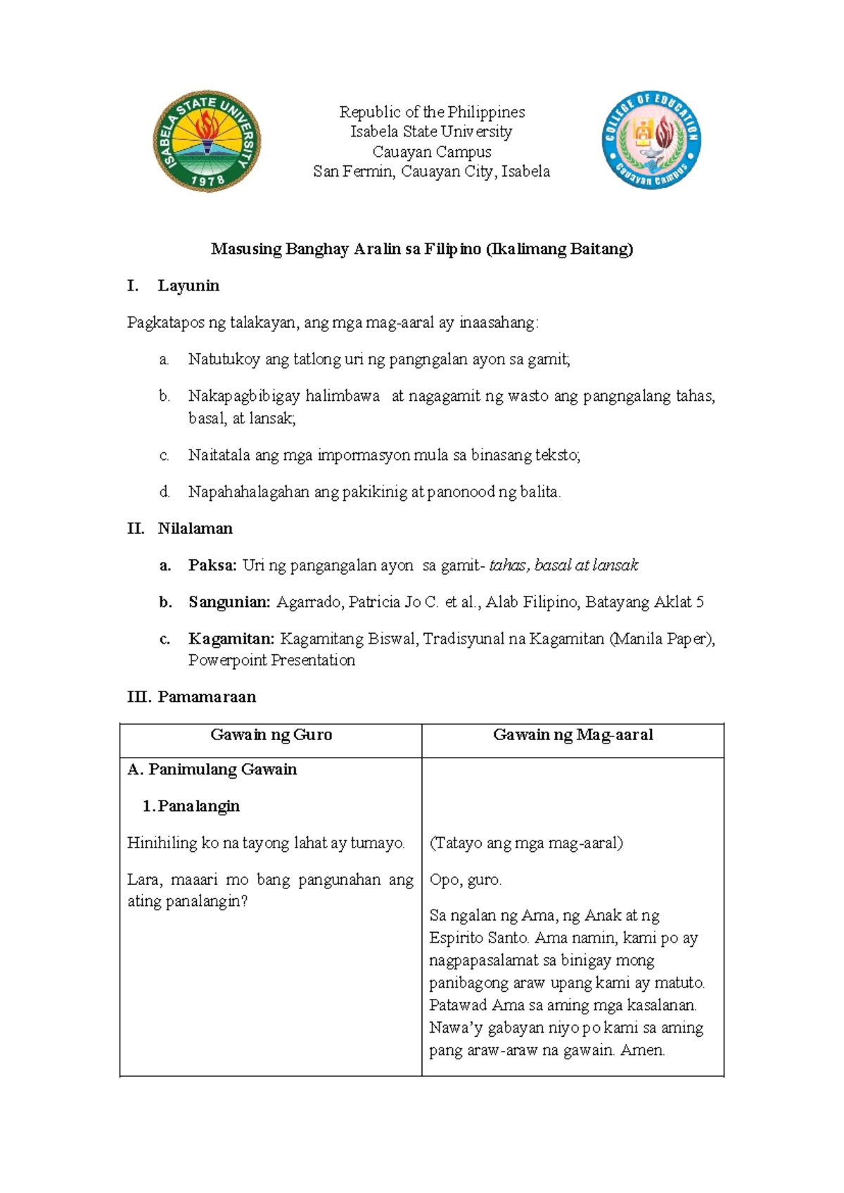 Detailed Lesson plan Filipino - Republic of the Philippines Isabela State University Cauayan ...