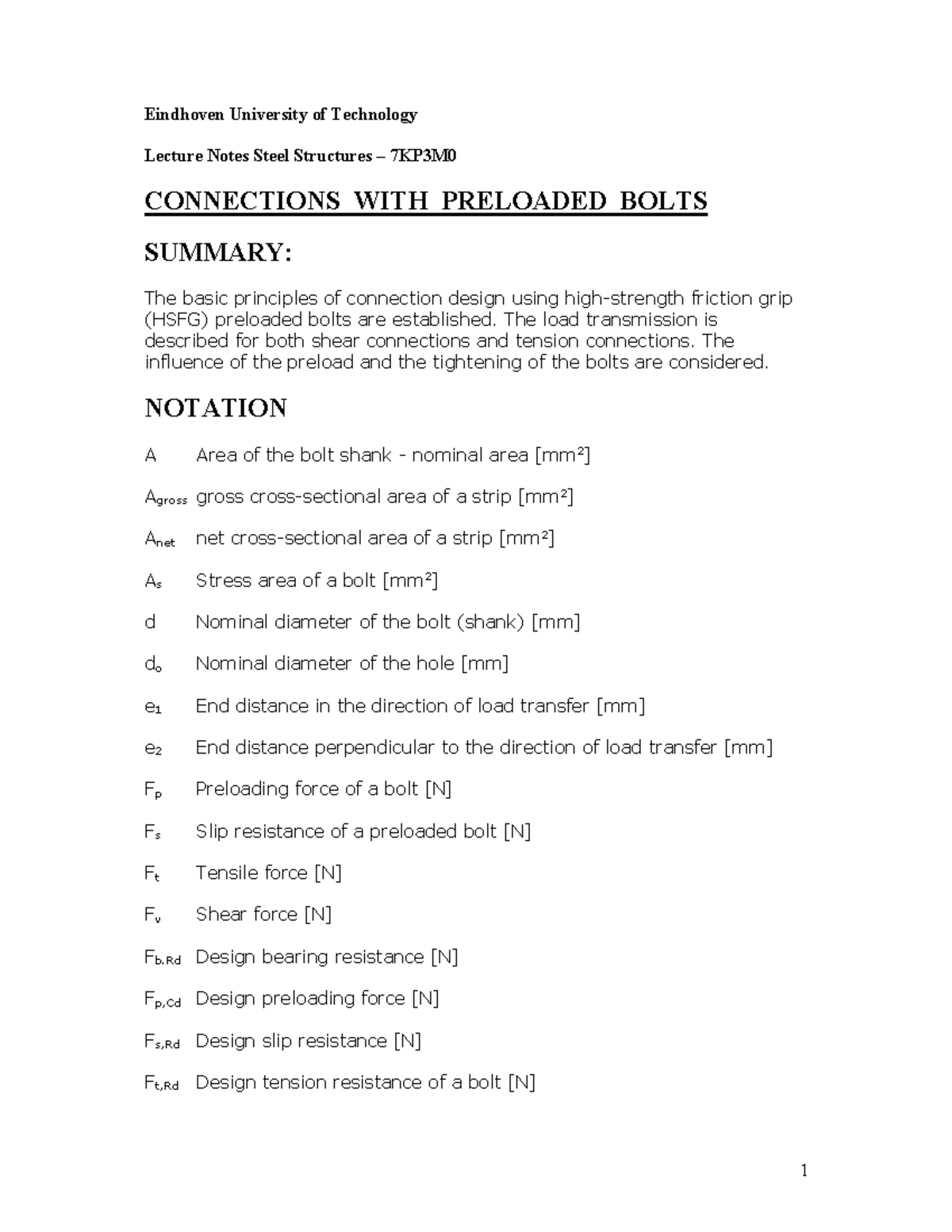 7KP3M0 - ASAS - 1 - Connections with preloaded bolts - Lecture notes ...