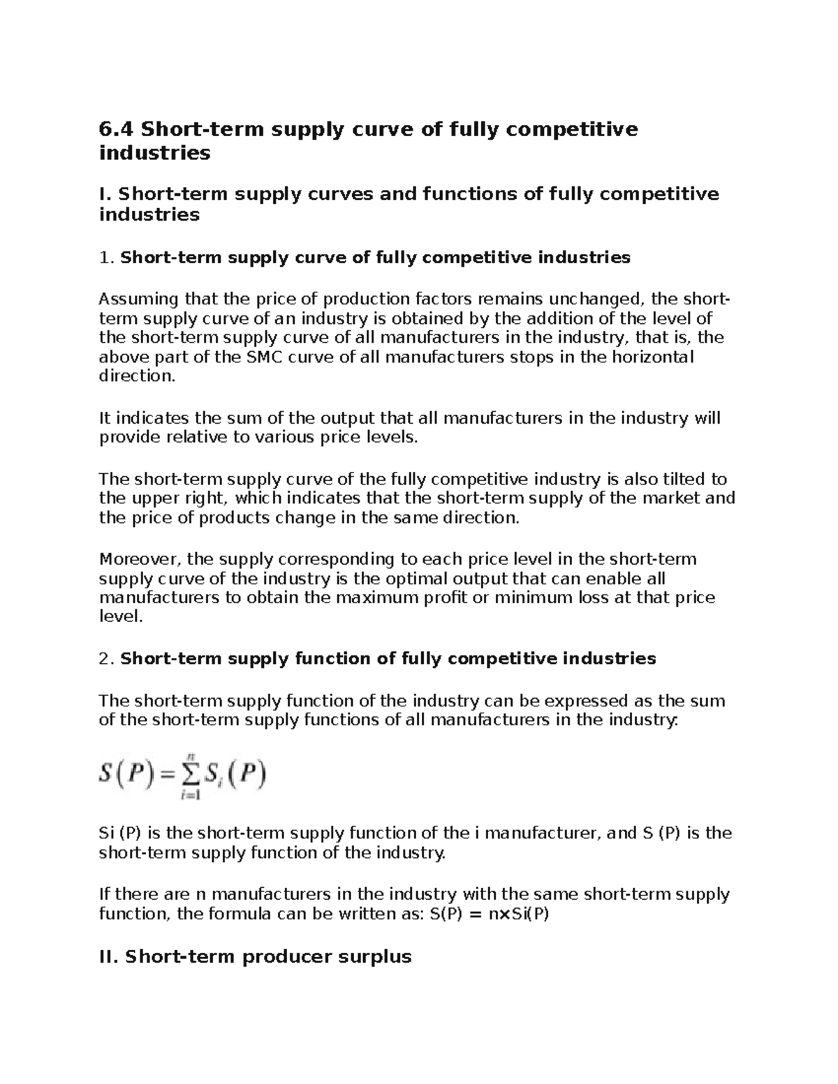 Class note 1 - note - 6 Short-term supply curve of fully competitive ...