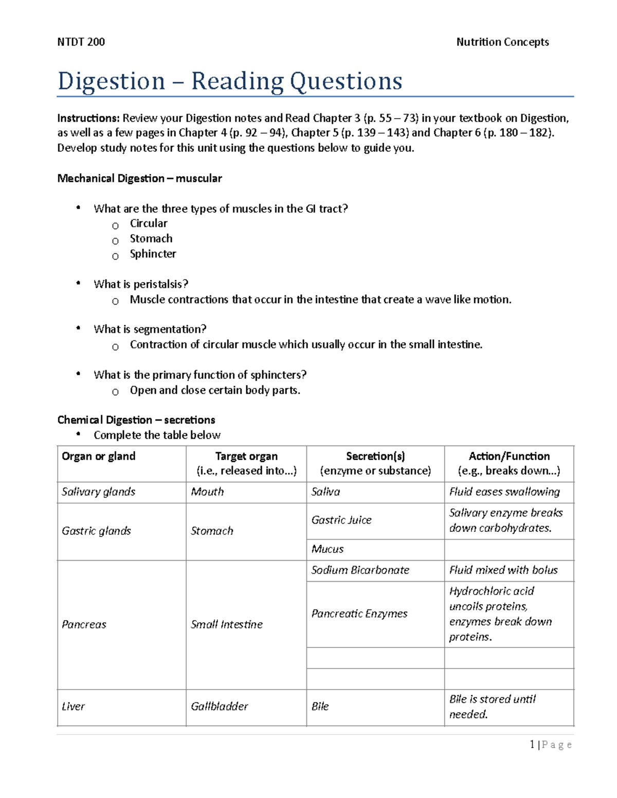 6 - Digestion reading questions - Digestion – Reading Questions Instruc ...