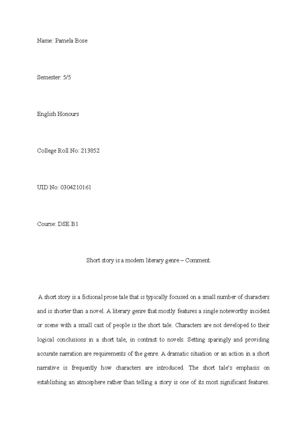 DSE B1 ENGLISH HONOURS - Name: Pamela Bose Semester: 5/ English Honours ...