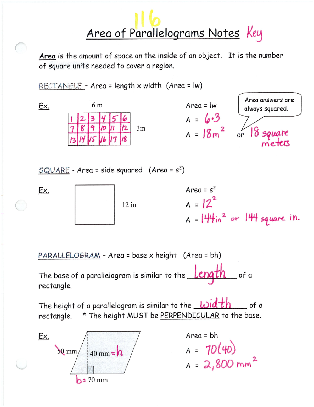 Area of Parallelogram Notes KEY - Studocu