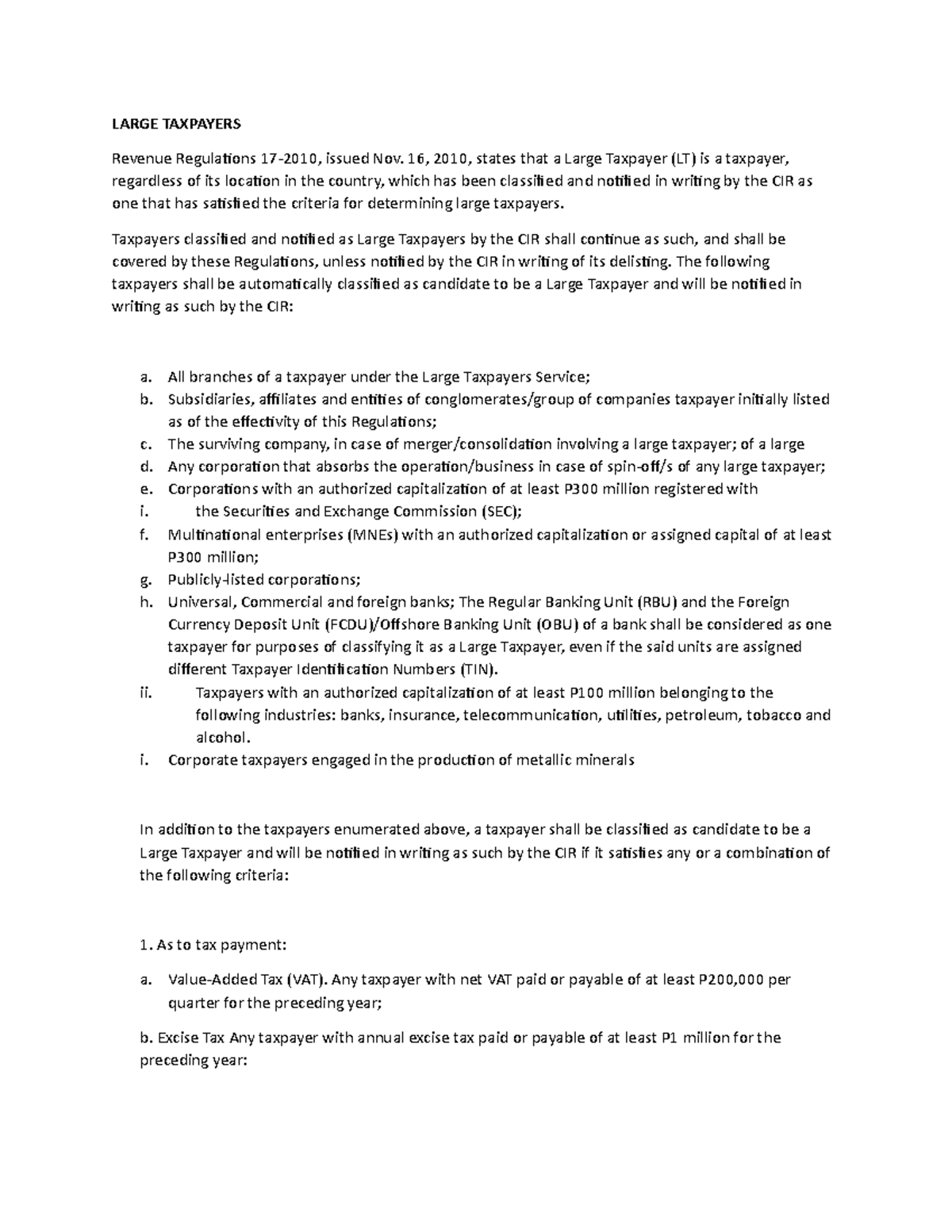 Large Taxpayers - LARGE TAXPAYERS Revenue Regulations 17-2010, issued ...