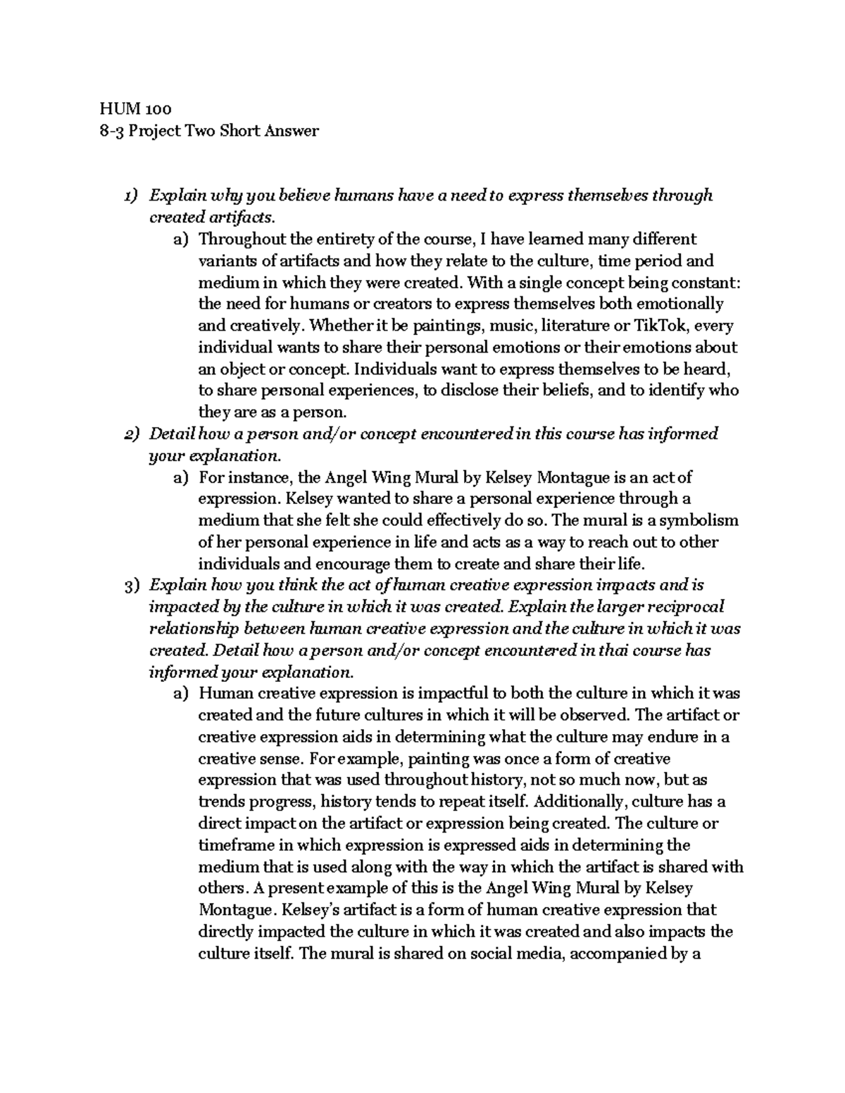 Short Answer for Module 8 (8-3) - HUM 100 8-3 Project Two Short Answer ...