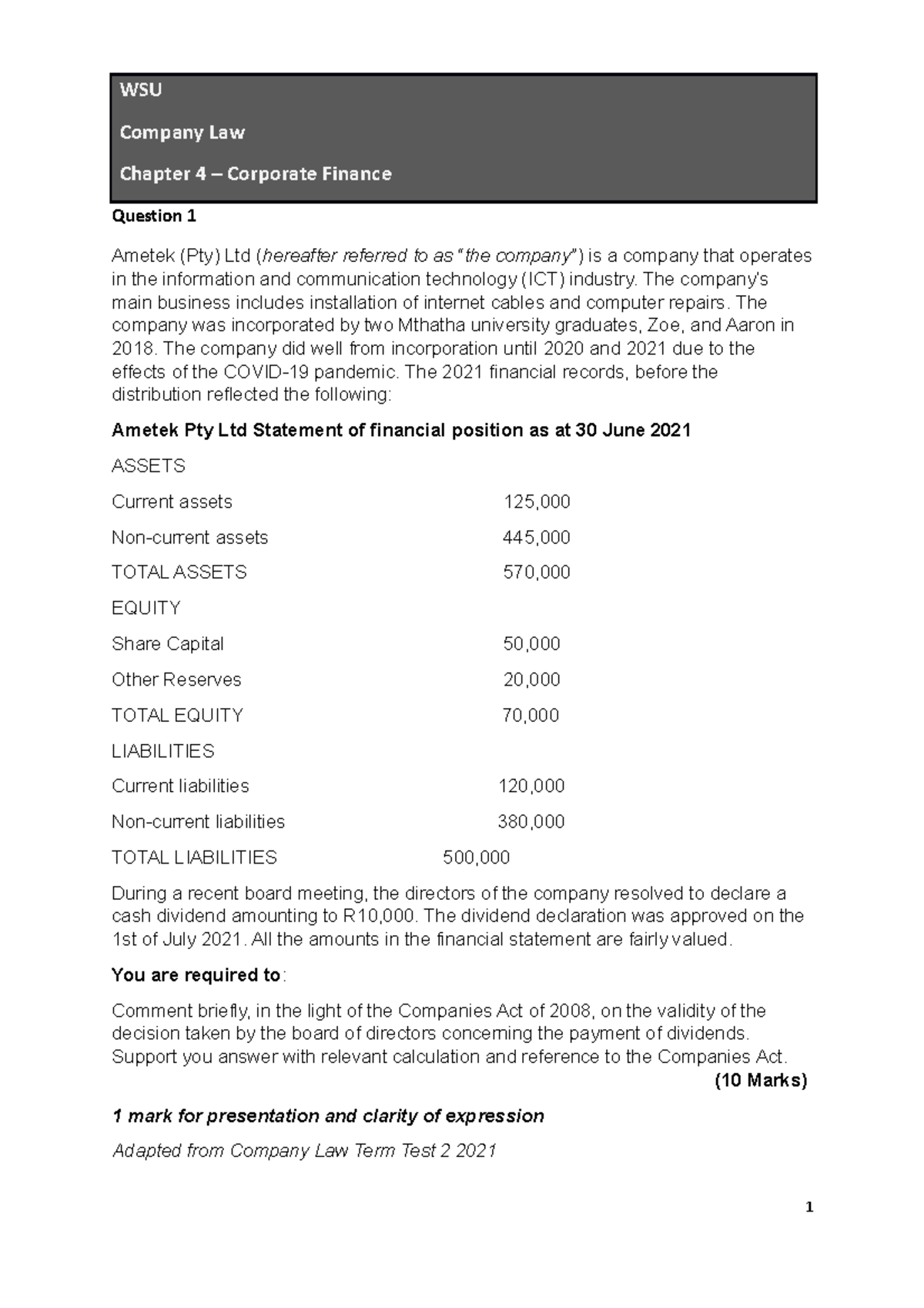 Chapter 4 Tutorial Question - WSU Company Law Chapter 4 – Corporate ...