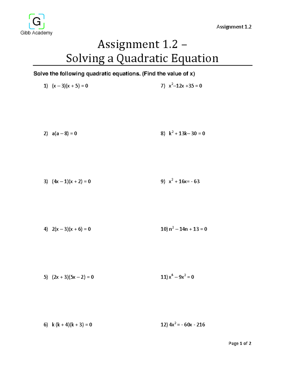 1.2 - Assignment - note - Assignment 1. Page 1 of 2 Assignment 1 ...