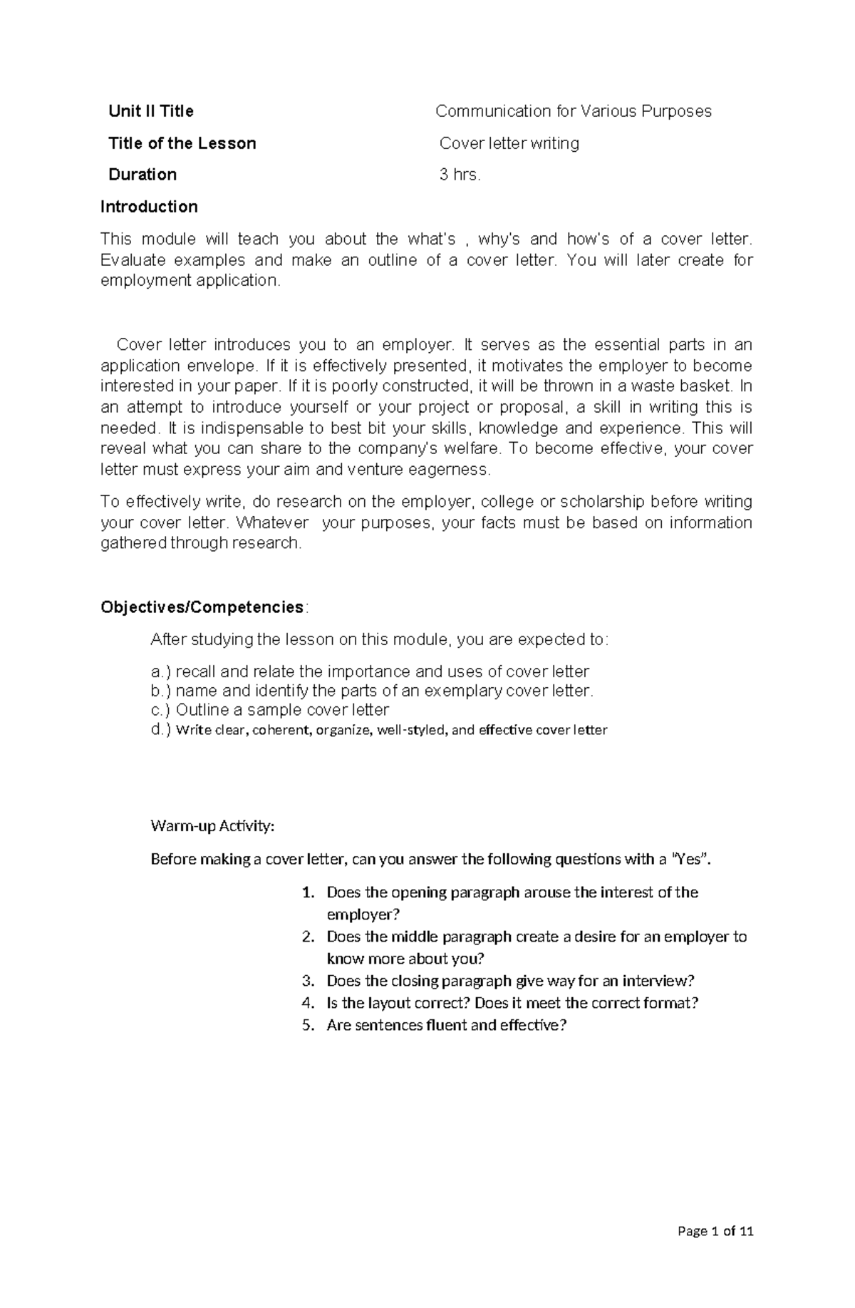 Unit 2 lesson 2 - Unit II Title Communication for Various Purposes ...