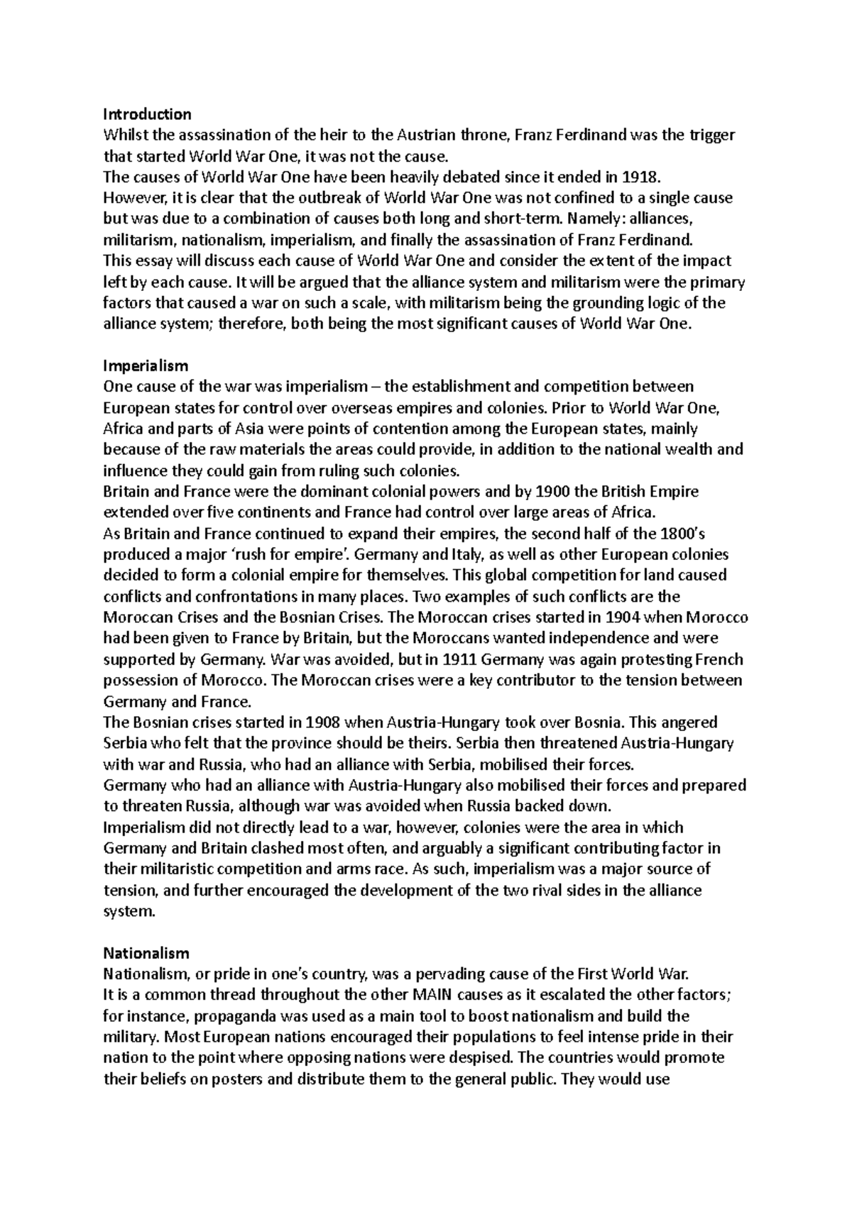 WW1 CAT essay - What caused WW1? - Introduction Whilst the ...