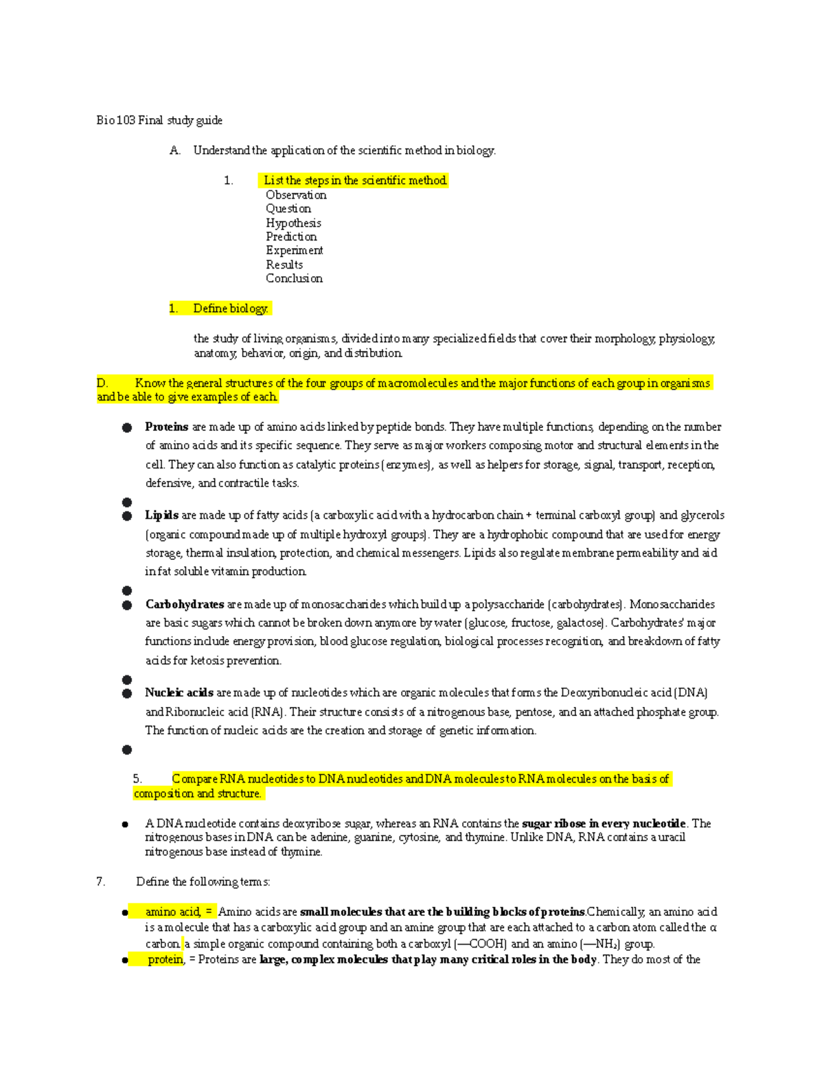 Bio 103 Final study guide mine - Bio 103 Final study guide A ...