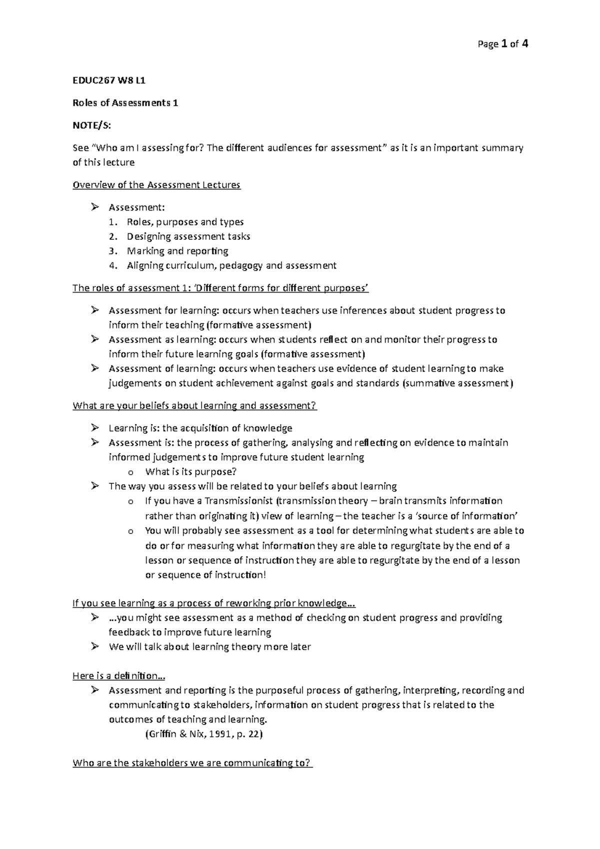 EDUC267 W8 L1 - Detailed lecture notes - EDUC267 W8 L Roles of ...
