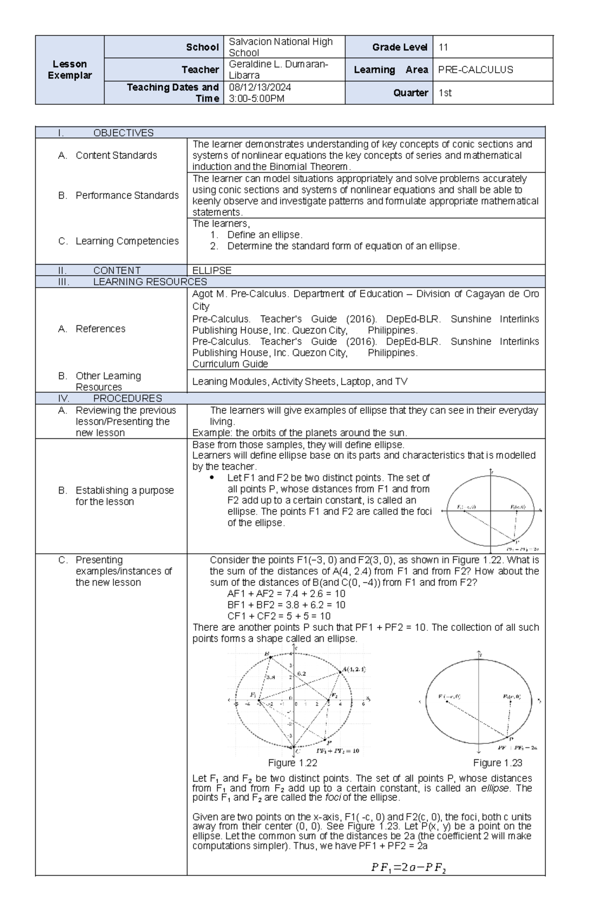 PC 3 - Conic Sections - Lesson Exemplar School Salvacion National High ...