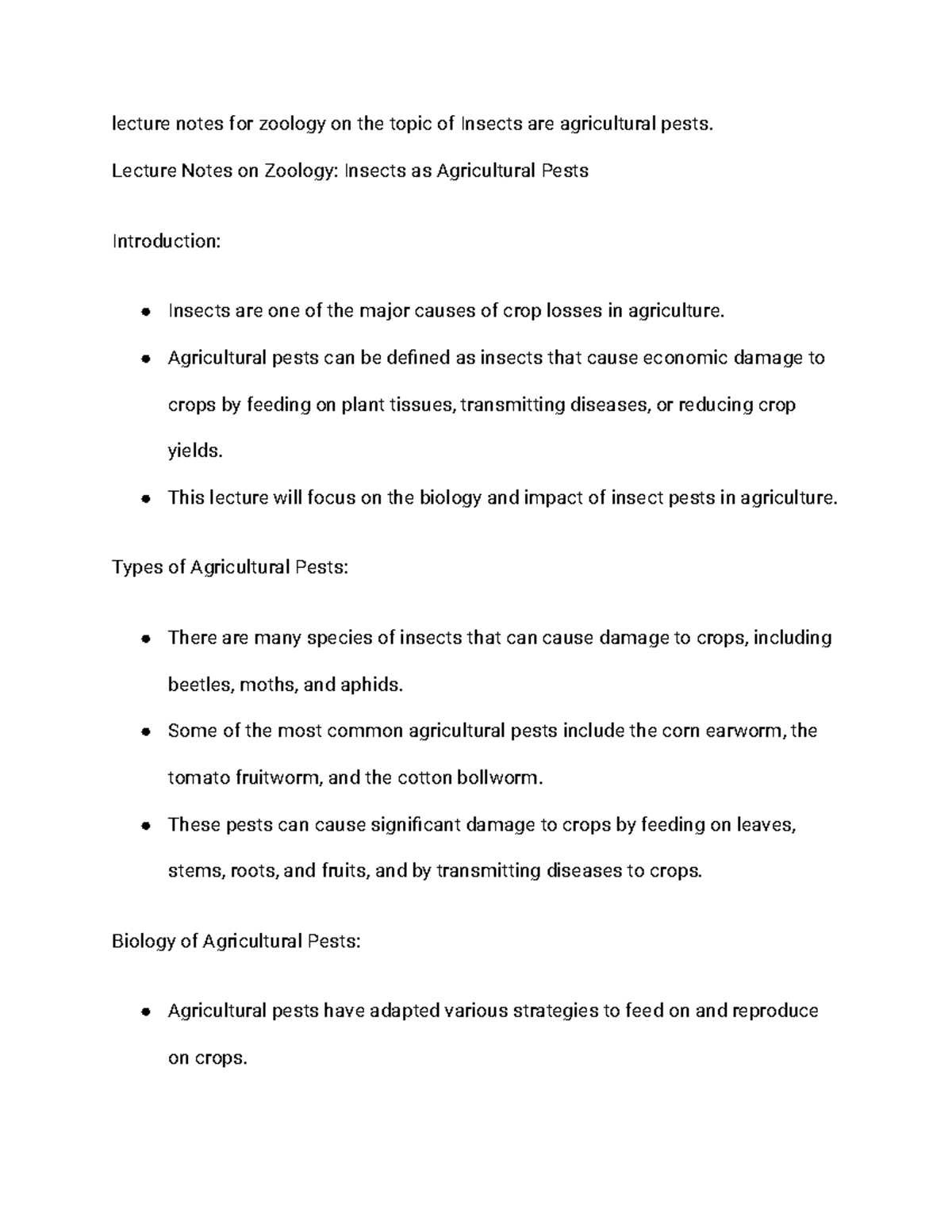 Lecture notes for zoology on the topic of Insects are agricultural ...