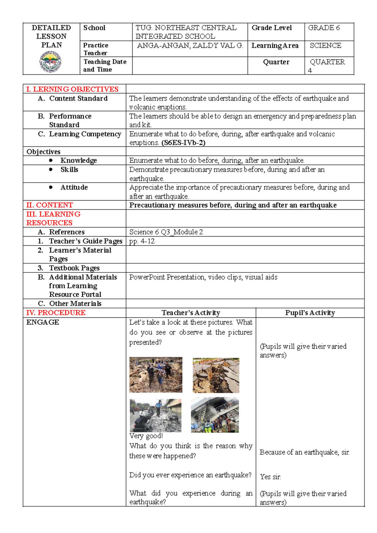 Earthquake - DETAILED LESSON PLAN School TUG. NORTHEAST CENTRAL ...
