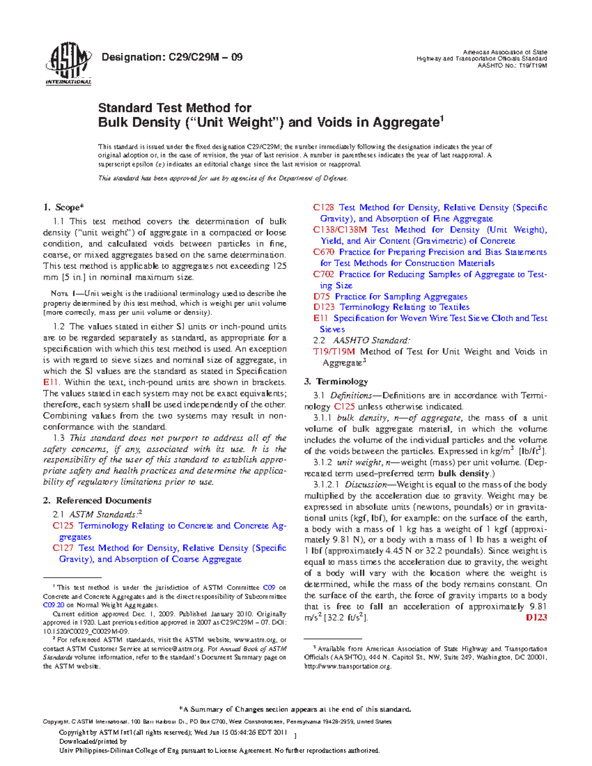 ASTM C29-Bulk Unit Weight and Voids in Aggregate - Bachelor of Science in Civil Engineering ...