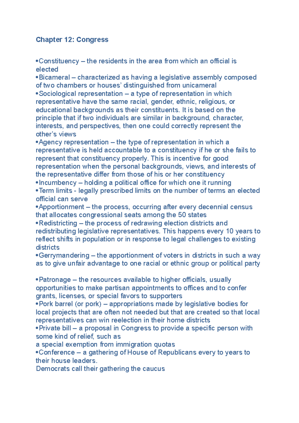 Summaries of Chapter 12, 13, 14, 15 - Chapter 12: Congress Constituency ...