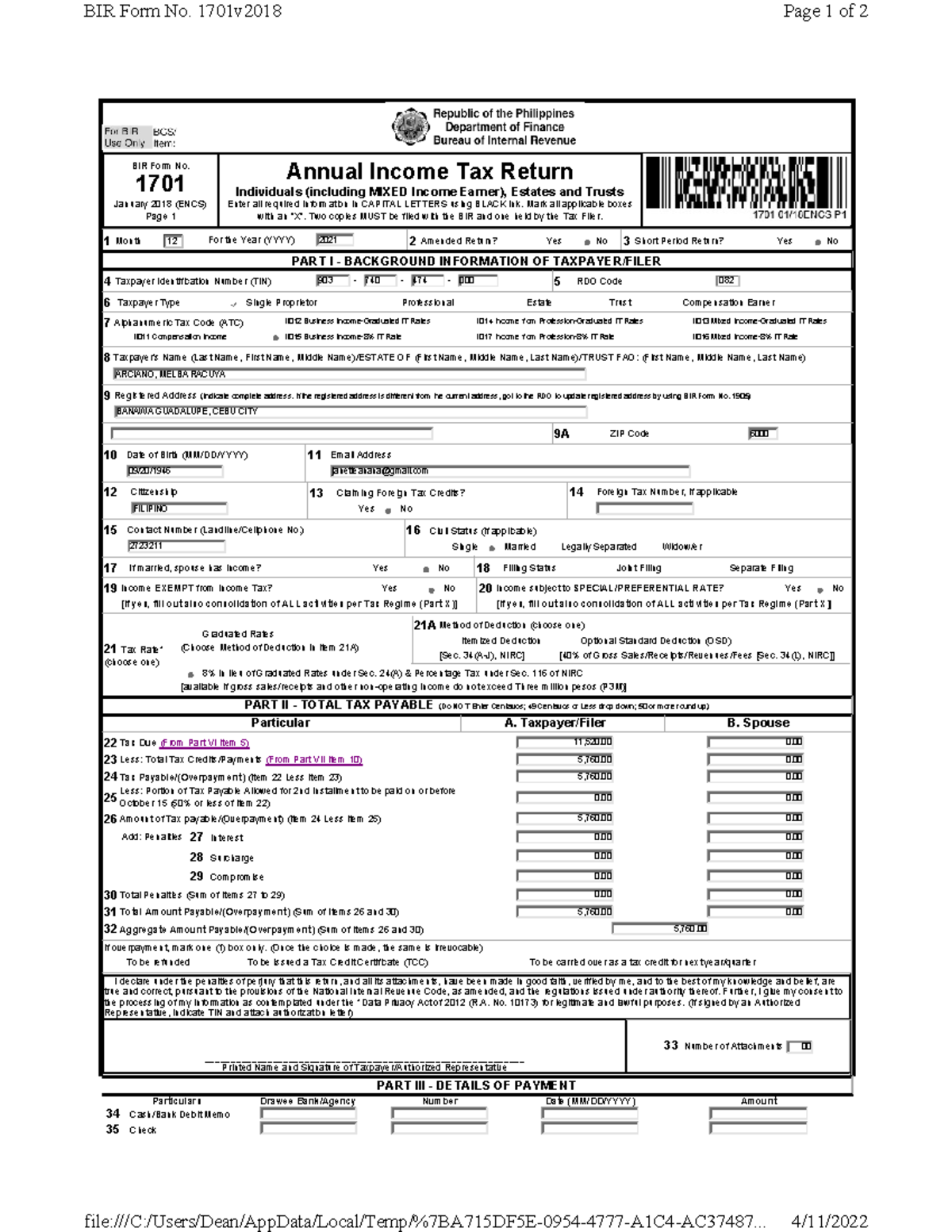 1701 Anciano 2021 - sadasd - BIR Form No. 1701 January 2018 (ENCS) Page ...
