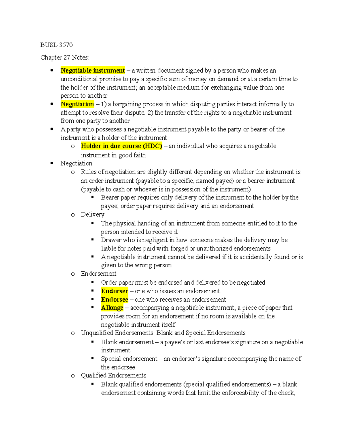 Chapter 27 Notes - BUSL 3570 Chapter 27 Notes: Negotiable instrument ...