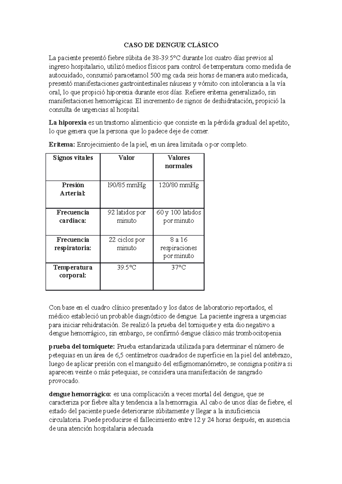 CASO DE Dengue Clásico - CASO DE DENGUE CLÁSICO La paciente presentó ...