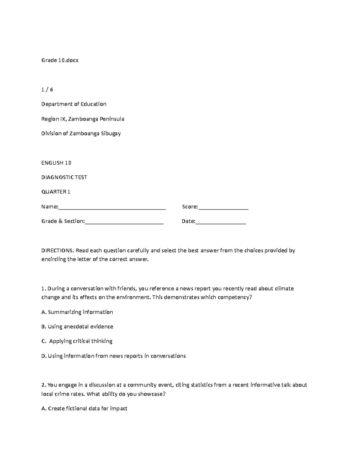 Diagnostic Test English Grade 10.docx-WPS Office - Grade 10 1 / 6 ...