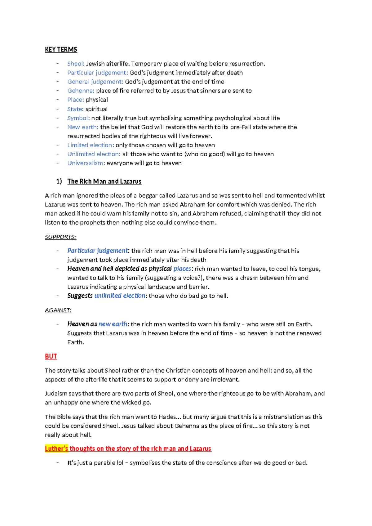 Death + Afterlife - KEY TERMS Sheol: Jewish afterlife. Temporary place ...